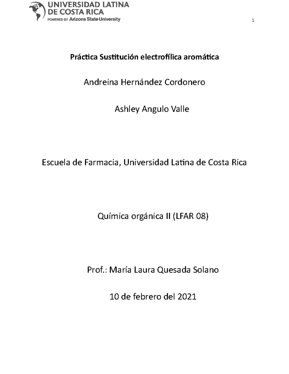 Reporte Sustitución electrofílica aromática. Andreina Hernandez y ...