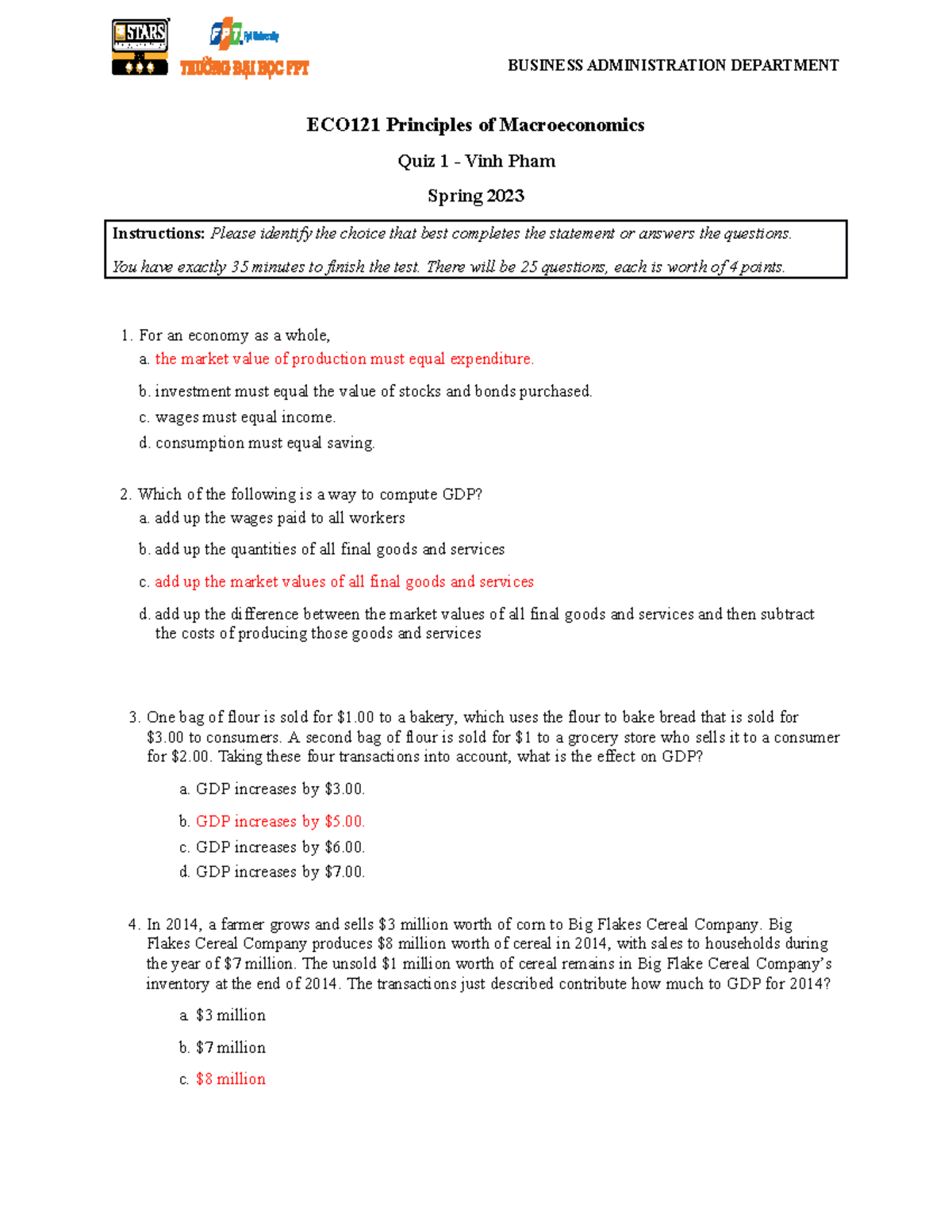 Macro Quiz 1 SP 2023 6359b17672 d248229384 a323936 fbed1 - ECO121 Principles of Macroeconomics ...