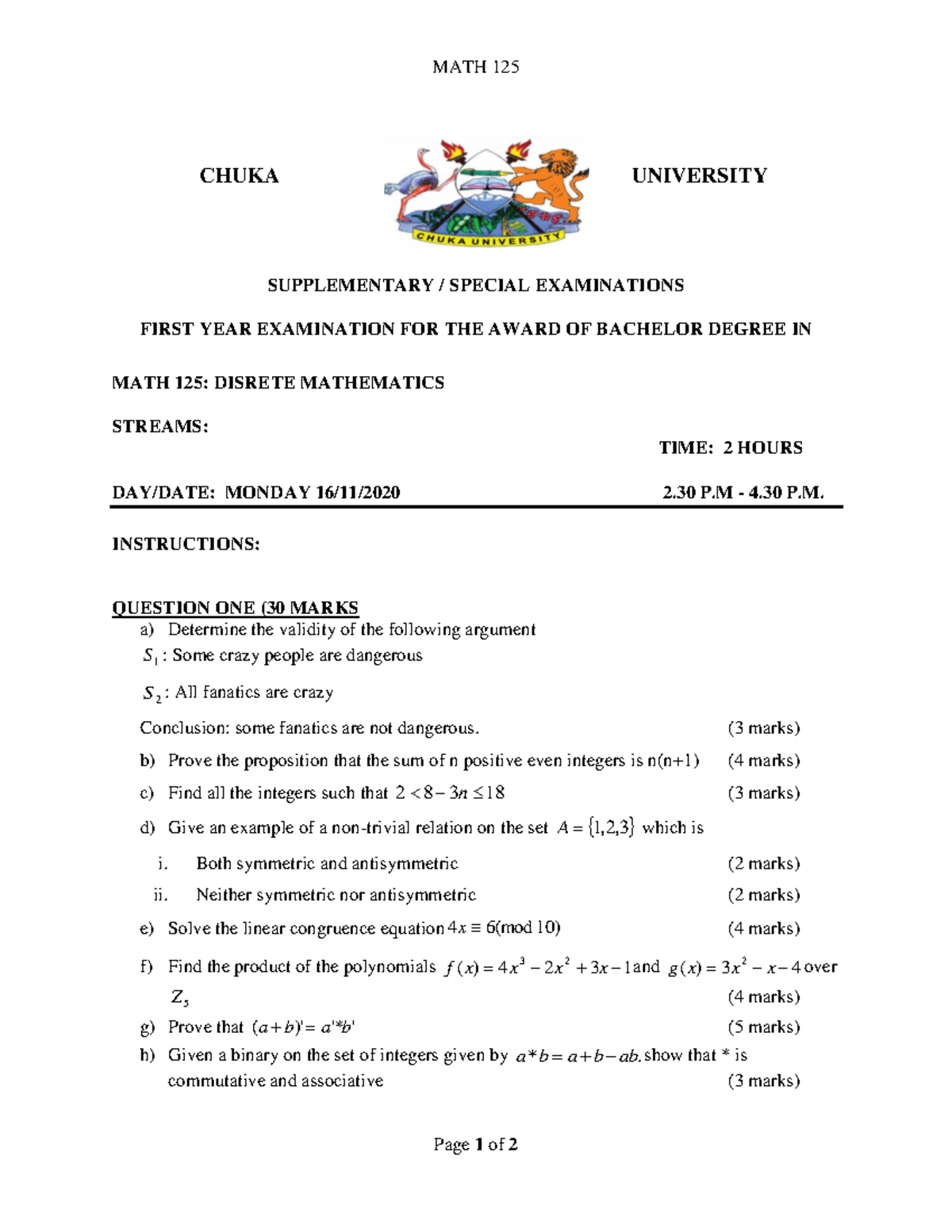 MATH 125 - MATH 125 EXAM - MATH 125 Page 1 of 2 CHUKA UNIVERSITY ...