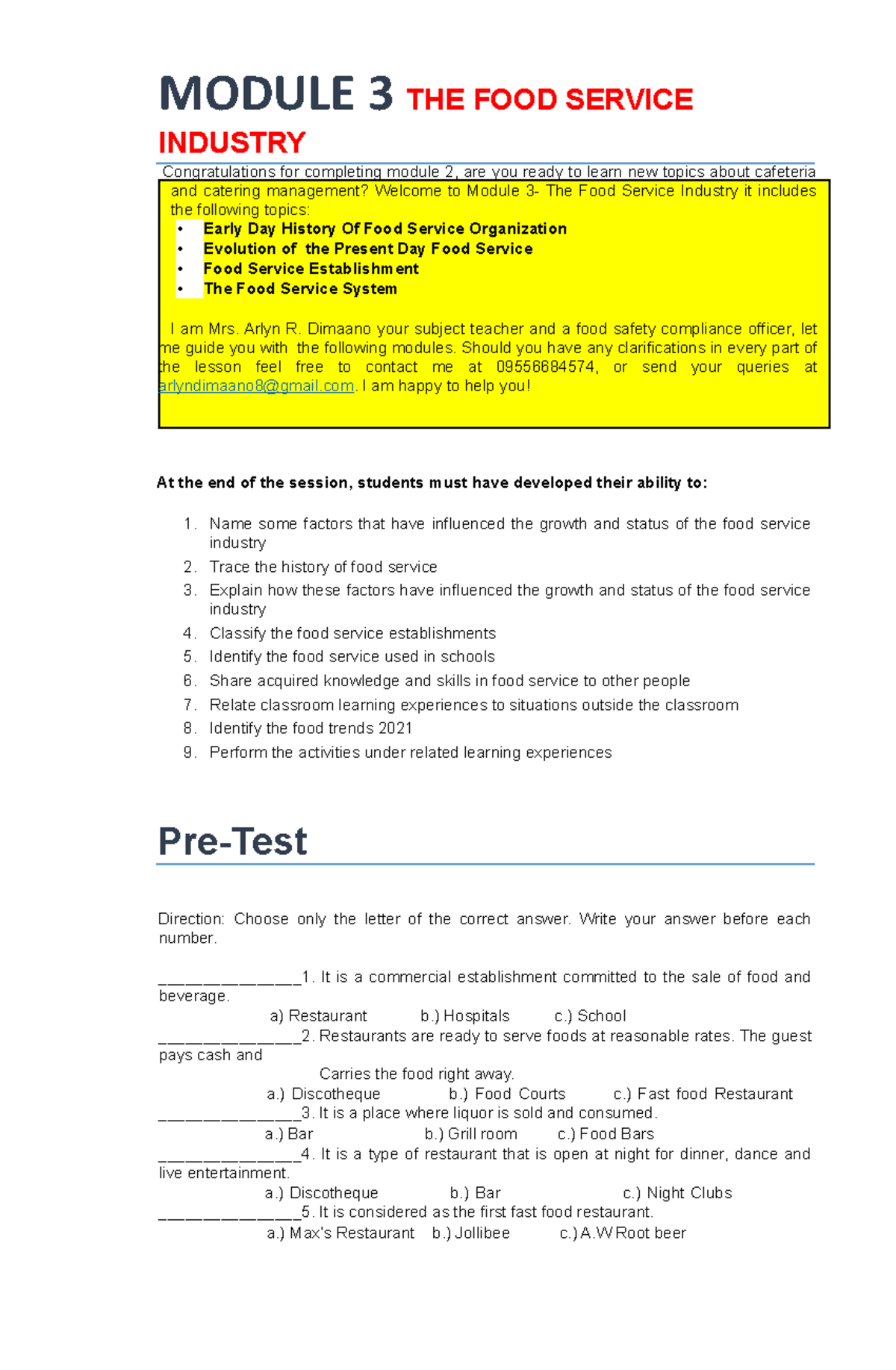 Module 3- food service industry. (Autosaved) - MODULE 3 THE FOOD ...