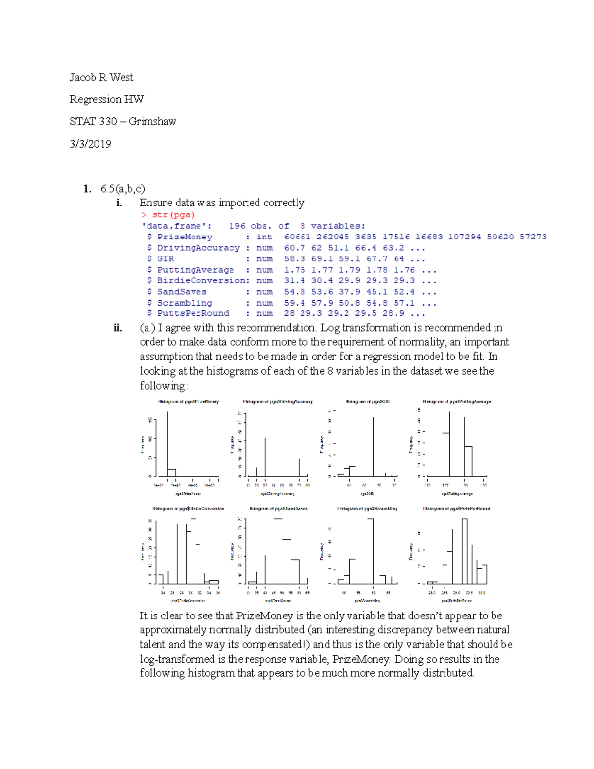 Reg Hw-writeup - Linear Regression homework writeup, Grimshaw Winter ...