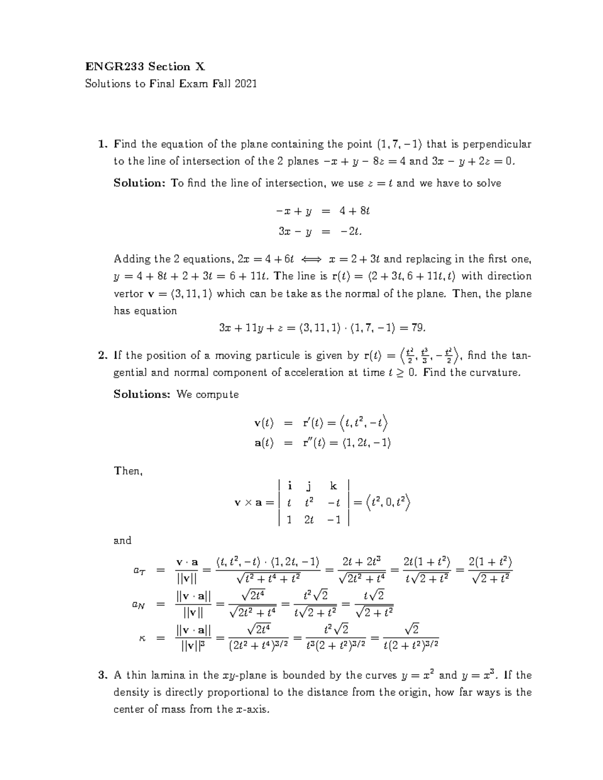 Final-F2021-solutions - ENGR233 Section X Solutions to Final Exam Fall 2021 Find the equation of ...