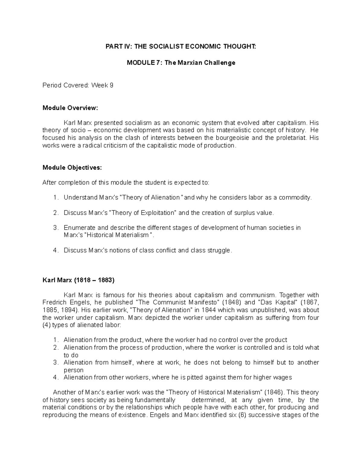 Module 7 Marx and Socialist Thought complete - PART IV: THE SOCIALIST ...