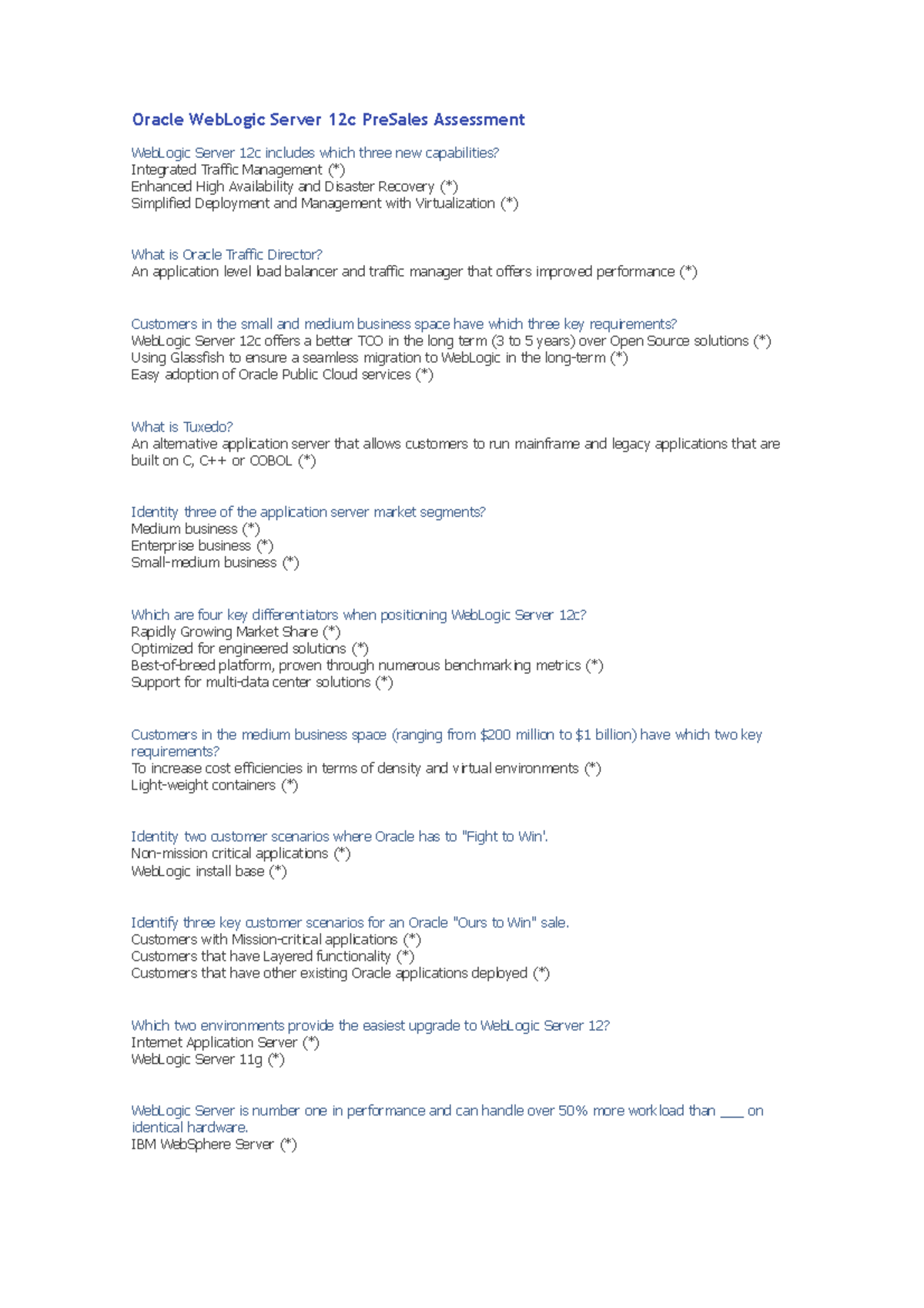 Oracle Web Logic Server 12c Pre Sales Assessment Oracle Weblogic Server 12c Presales