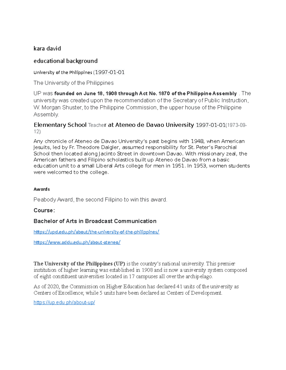 Document - AWEWAD - kara david educational background University of the ...