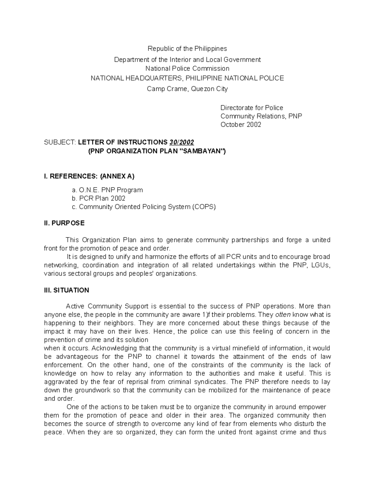 PNP: LOI - Sambayan - Republic of the Philippines Department of the ...