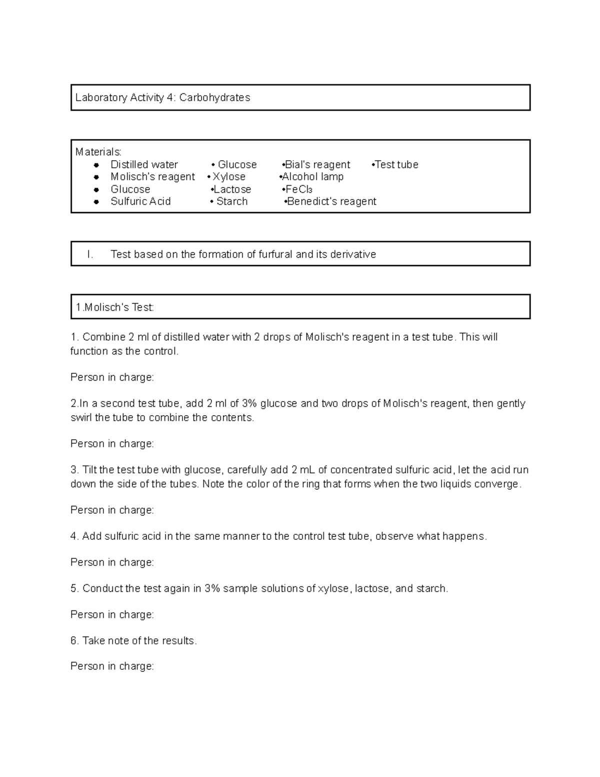 LAB ACT 4 - Laboratory Activity 4: Carbohydrates Materials: Distilled ...