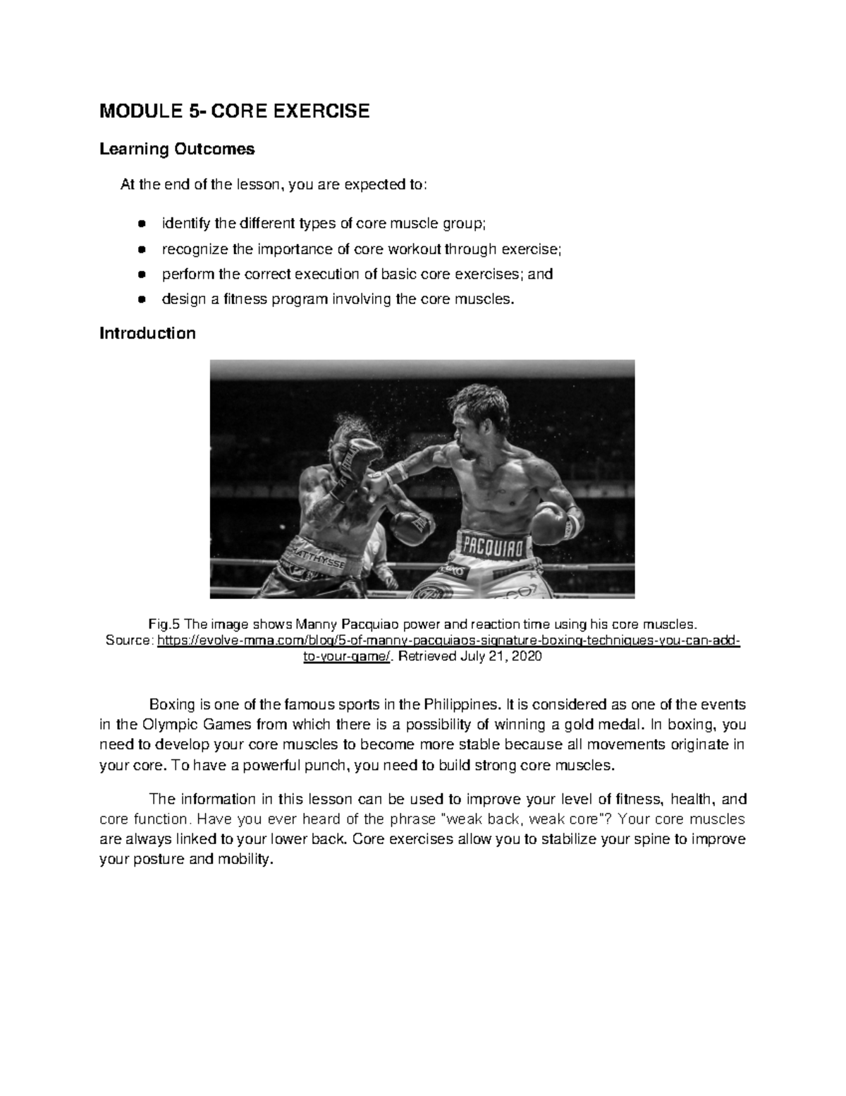 PATHFIT01 Module 5 - MODULE 5- CORE EXERCISE Learning Outcomes At the ...
