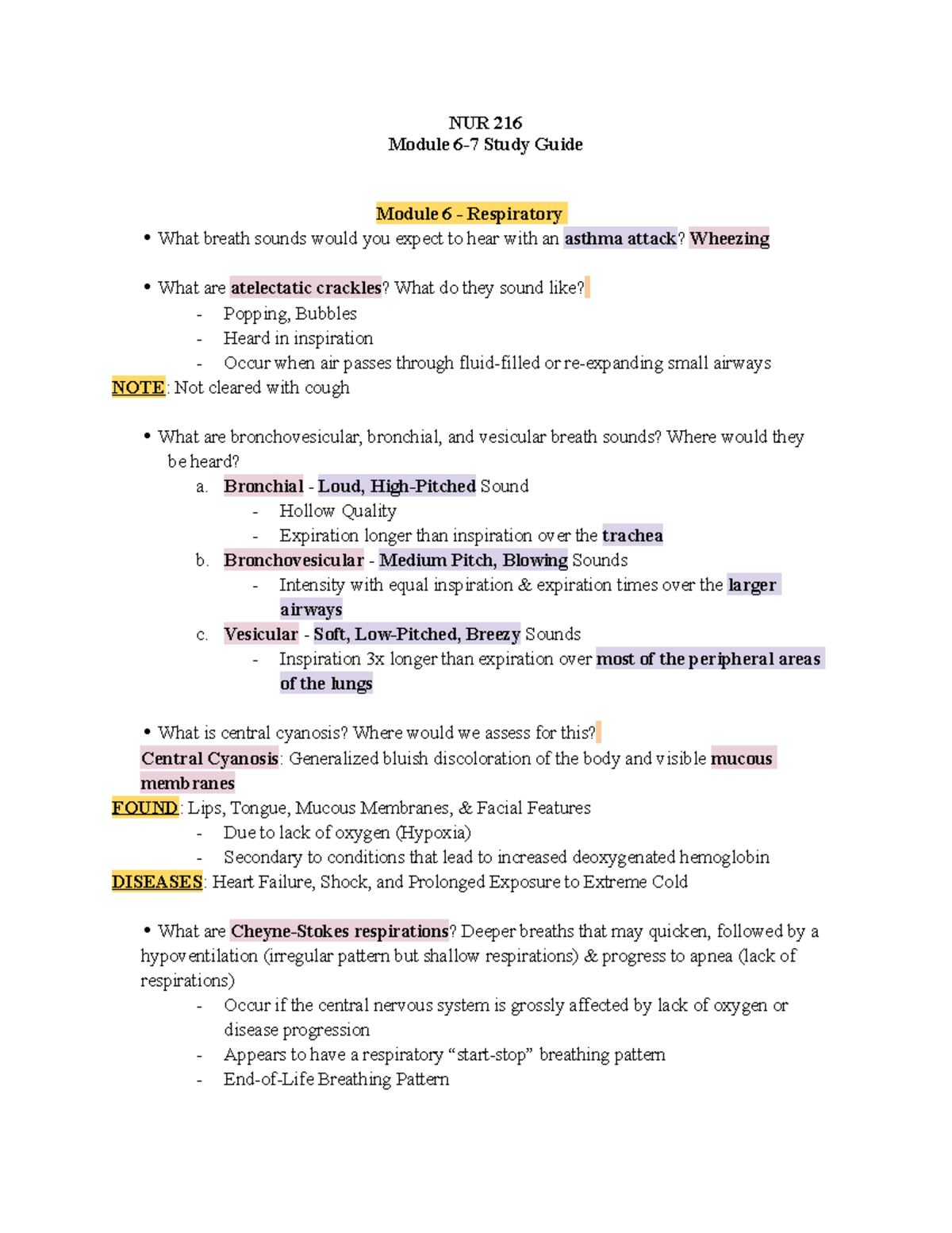 NUR 216 Module 6-7 Key Points - NUR 216 Module 6-7 Study Guide Module 6 ...