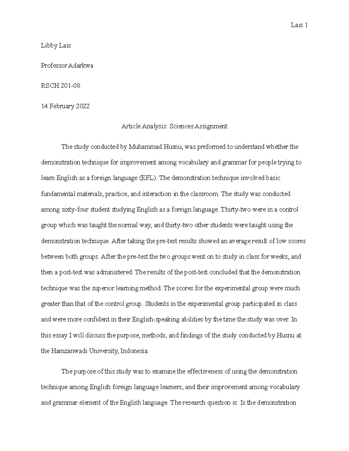 Article Analysis Sciences Assignment - Libby Lais Professor Adarkwa ...