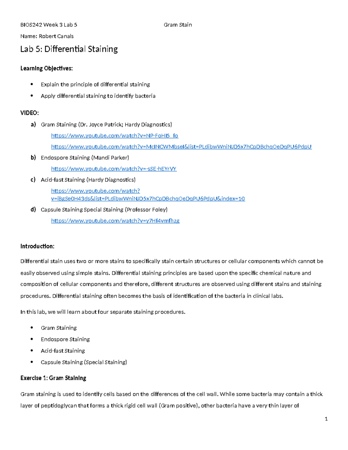 Dr. Zeine Week 3 Lab 5 Differential Staining, Gram Stain - Name: Robert ...