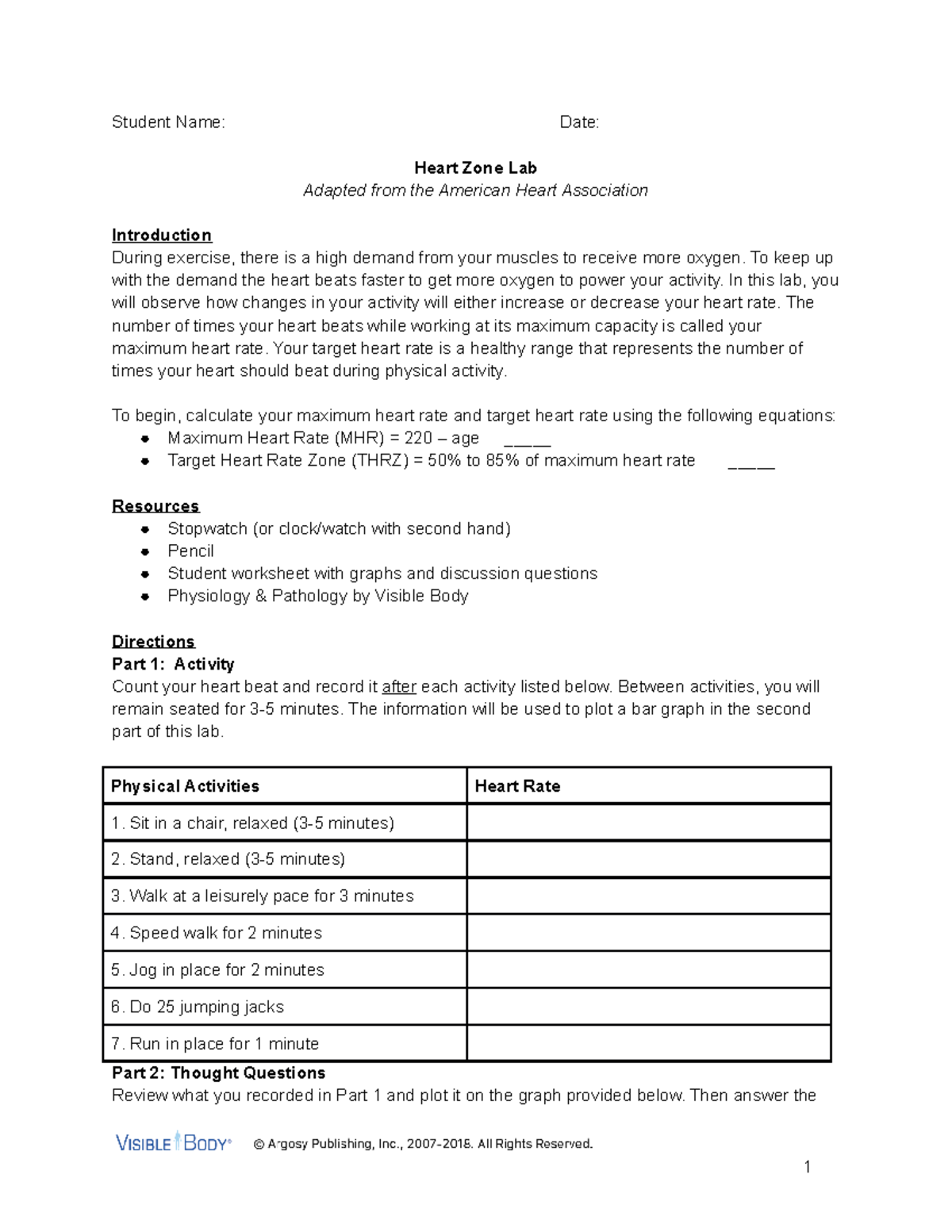 Heart Rate lab - Medical answer key and instructions - Student Name ...