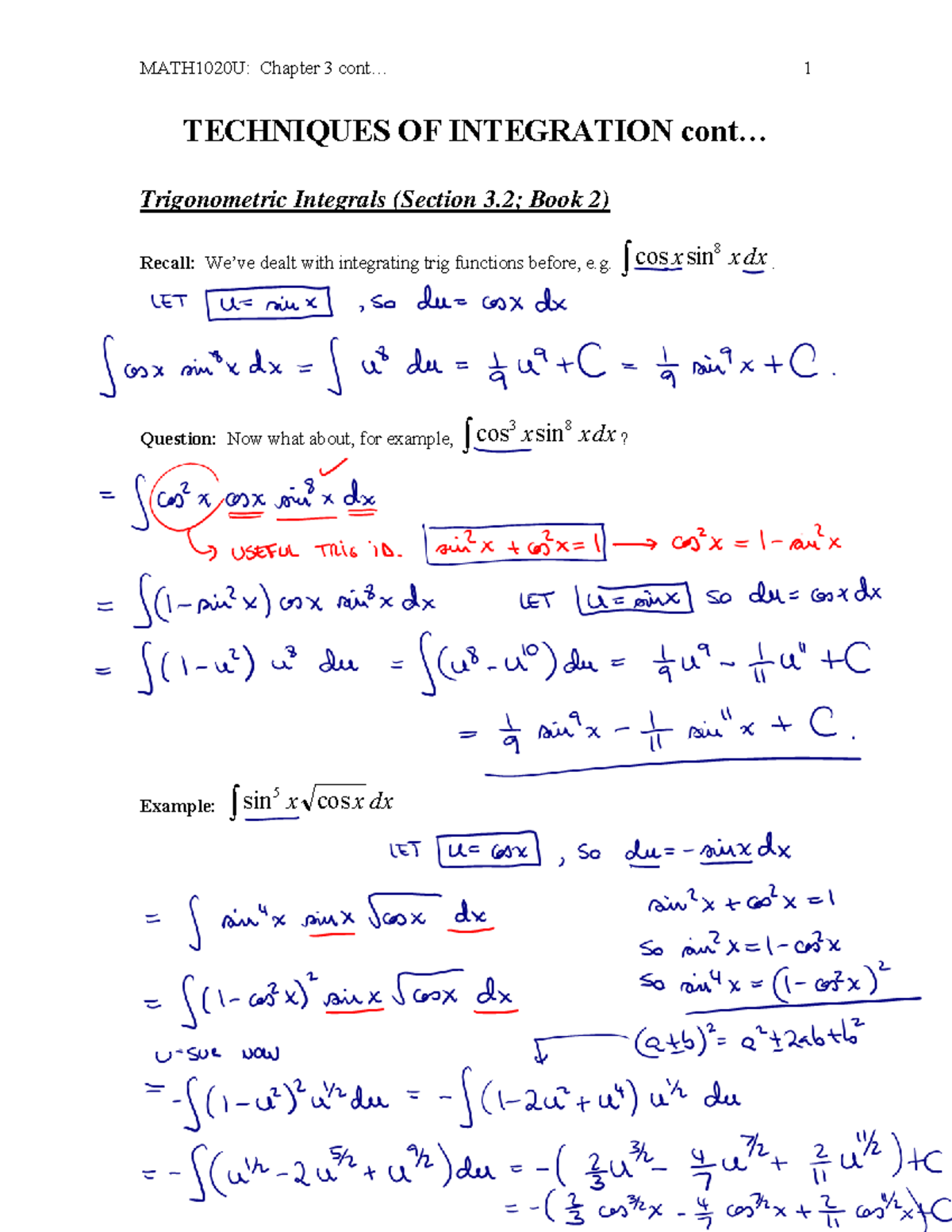 Mod1b trigint Mihai - TECHNIQUES OF INTEGRATION cont... Trigonometric ...