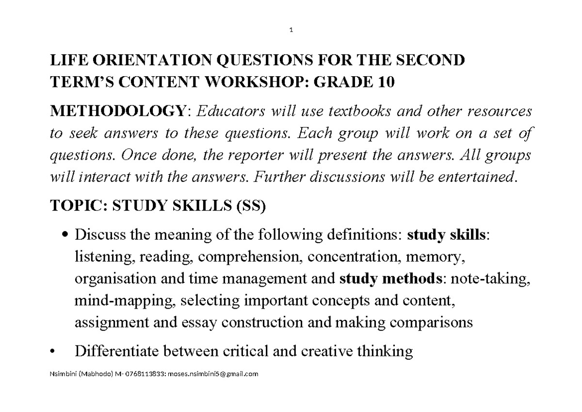 2024 Grade 10 Resource FOR Workshop - LIFE ORIENTATION QUESTIONS FOR ...
