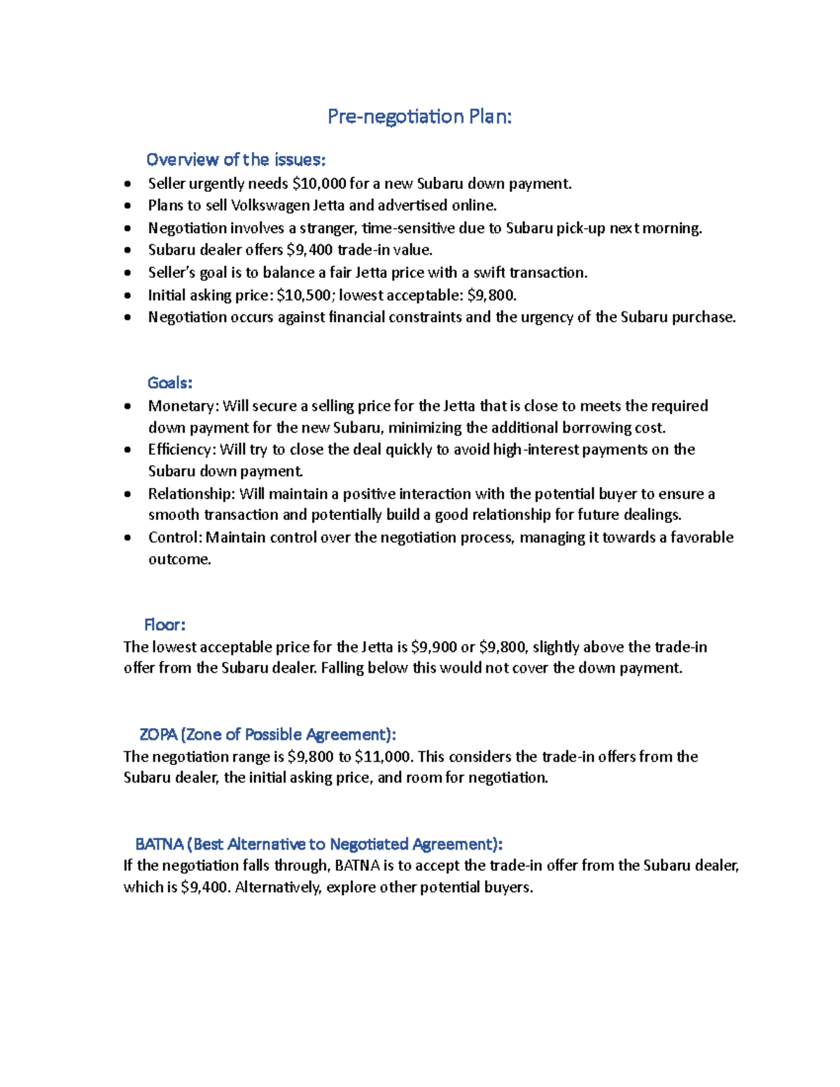 Pre-Negotiation Seller plan - Pre-negotiation Plan: Overview of the ...