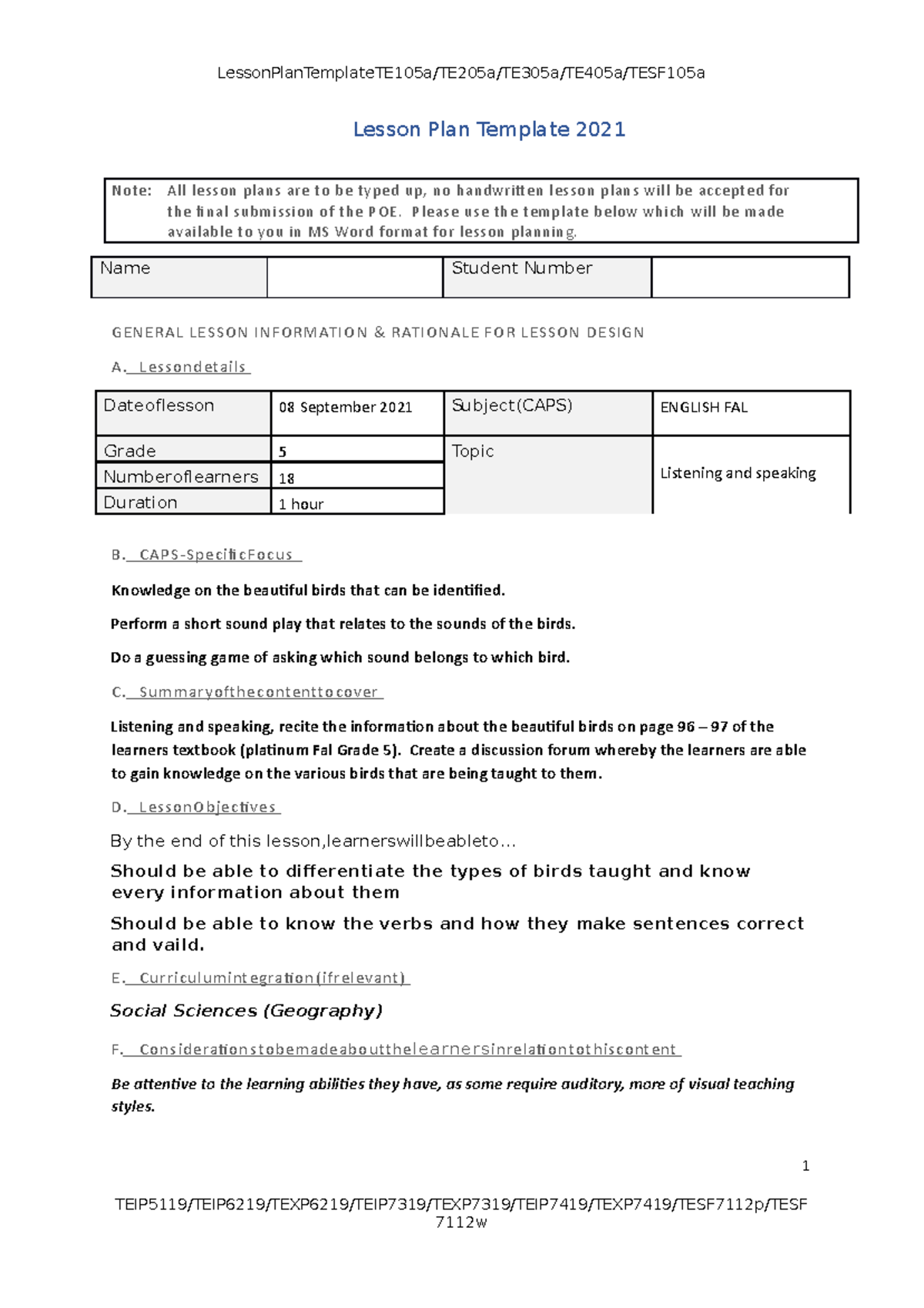 English FAL Lesson Plan Lesson Plan Template 2021 Note All Lesson 