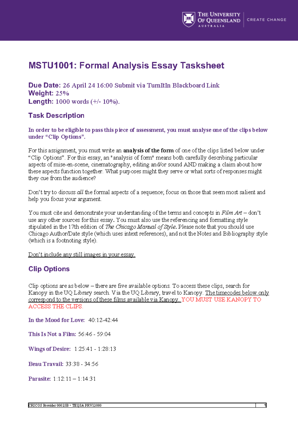 MSTU1001 Formal Analysis Essay Tasksheet - Task Description In order to ...