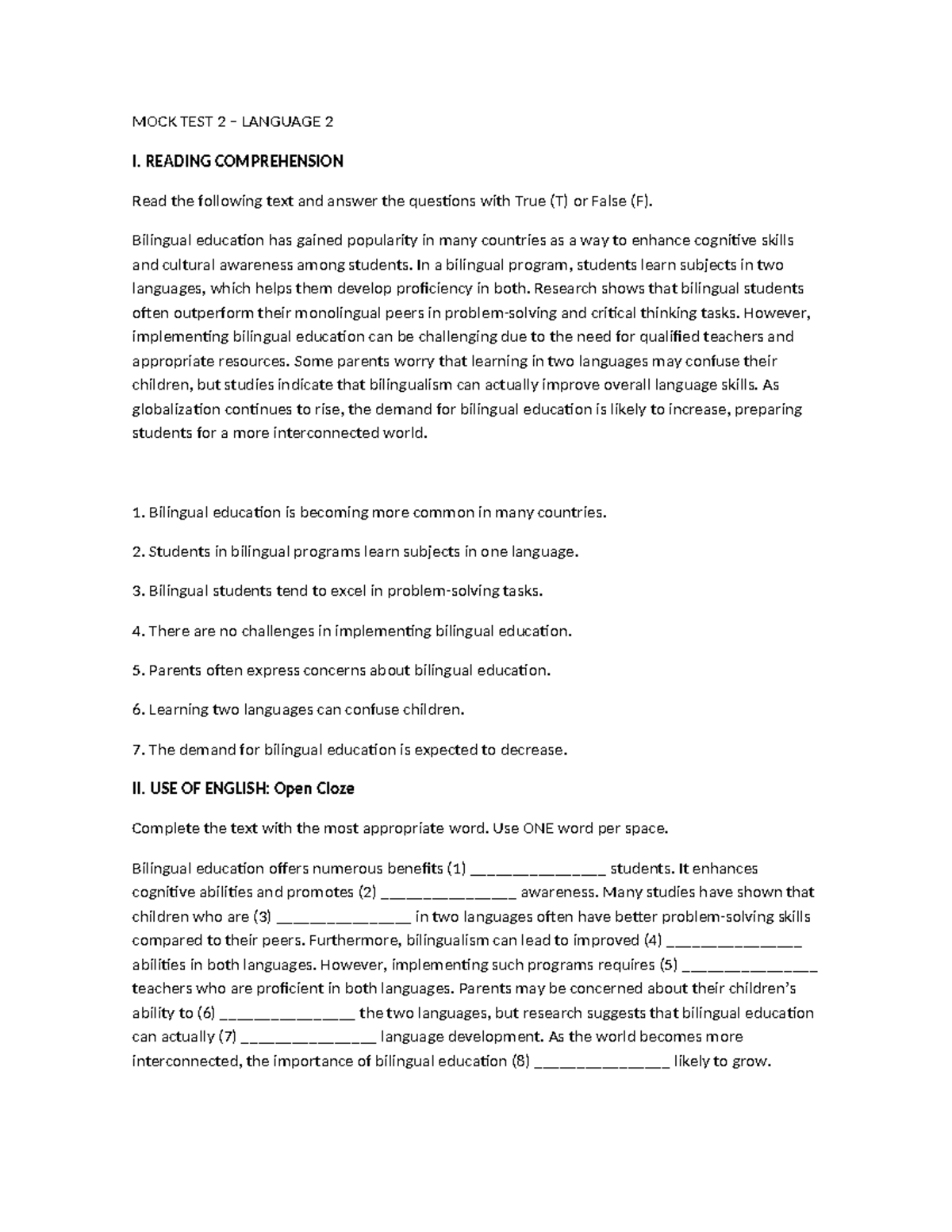 MOCK TEST 2 - Siiiiii - MOCK TEST 2 – LANGUAGE 2 I. READING ...