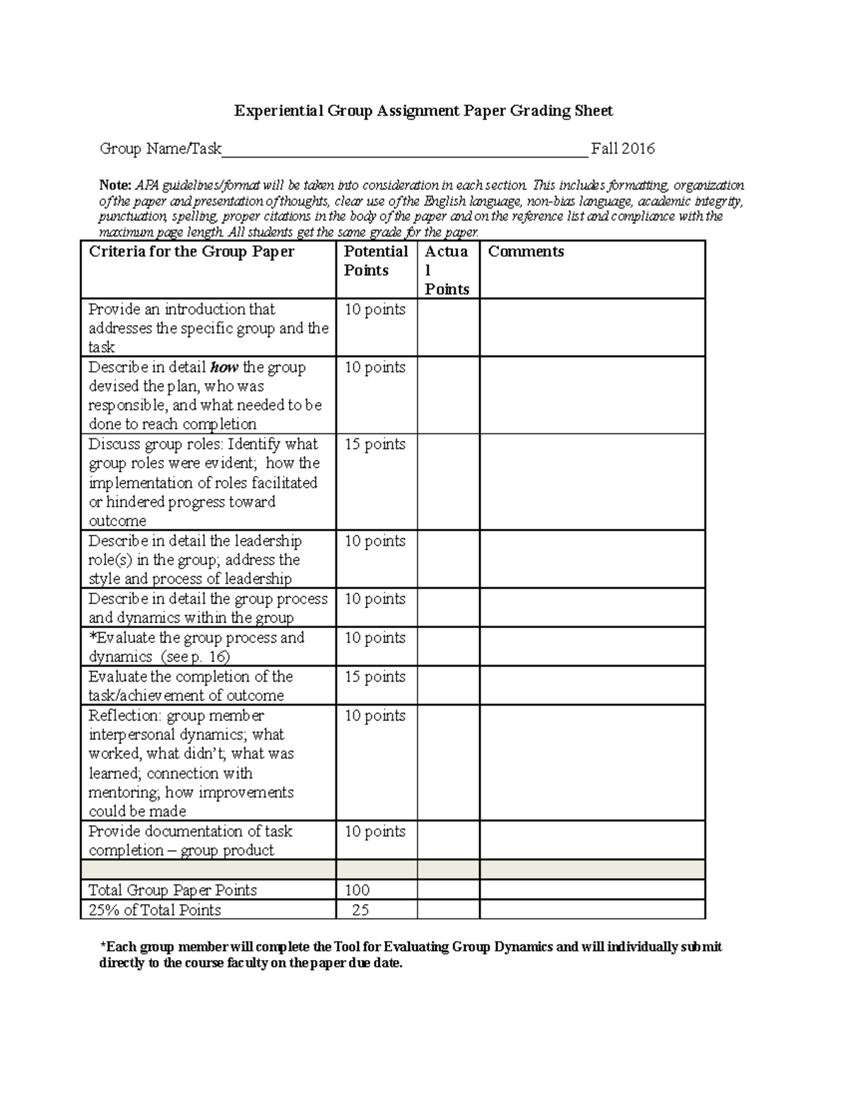 Experiential Group Assignment Paper Grading Sheet - This includes ...