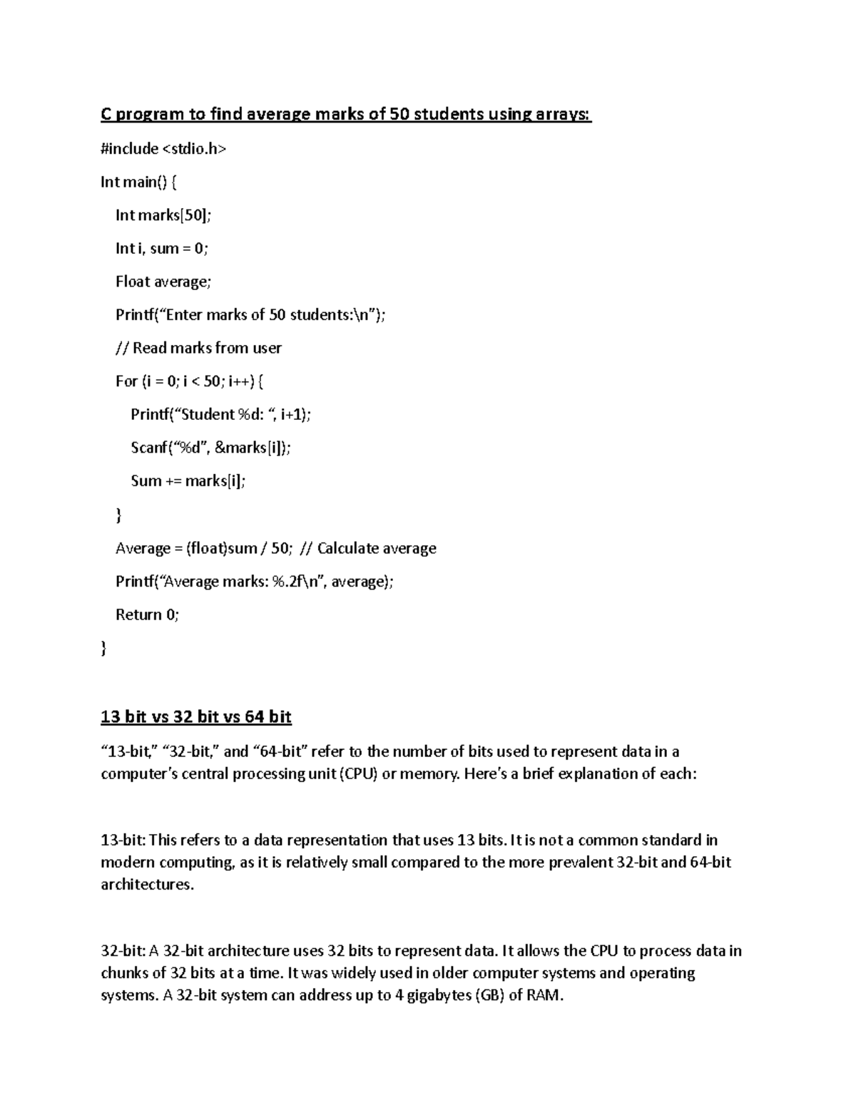 Systems programmingr - Practice material - C program to 昀椀nd average marks of 50 students using ...