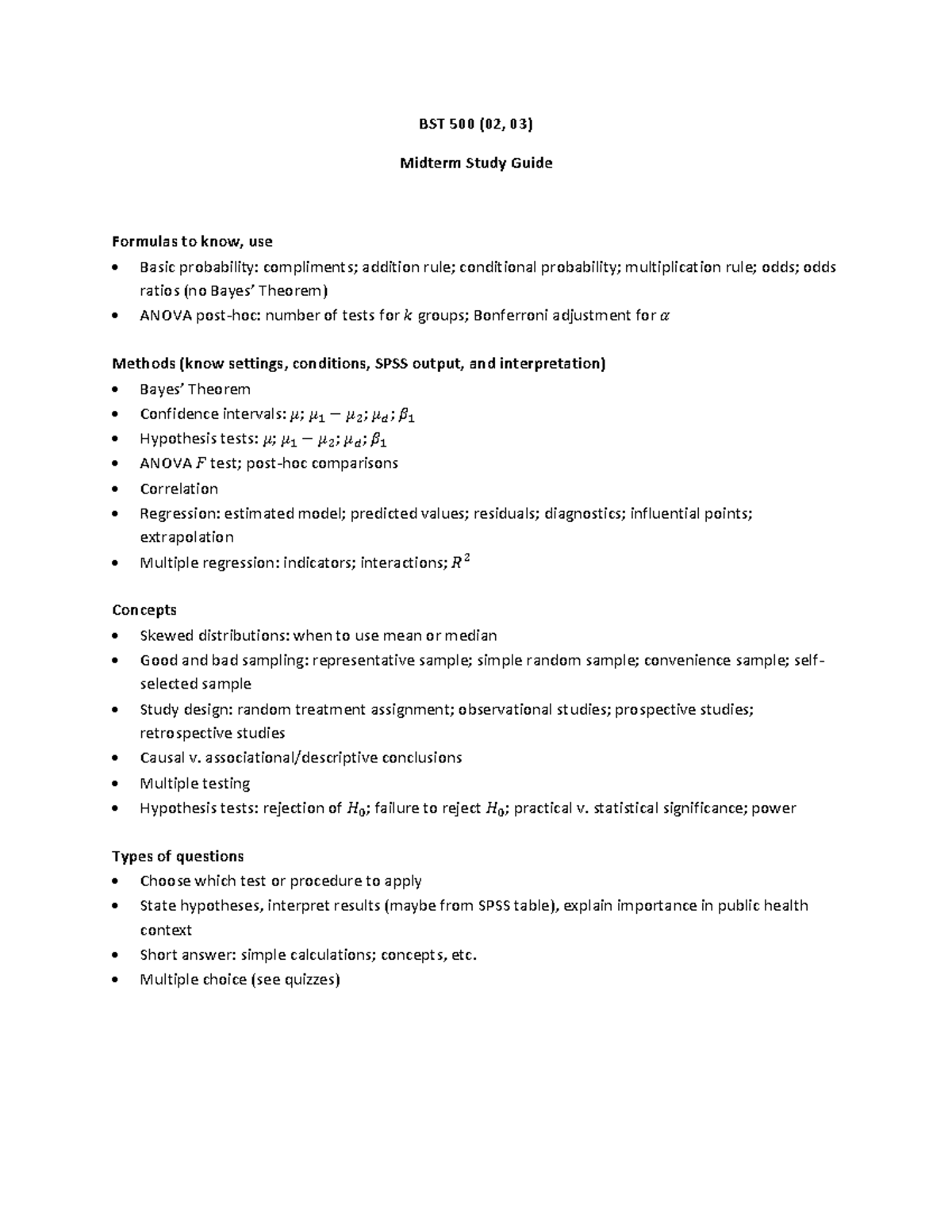 Study-guide - Summary Principles Of Biostatistics - BST 500 (02, 03) Midterm Study Guide ...