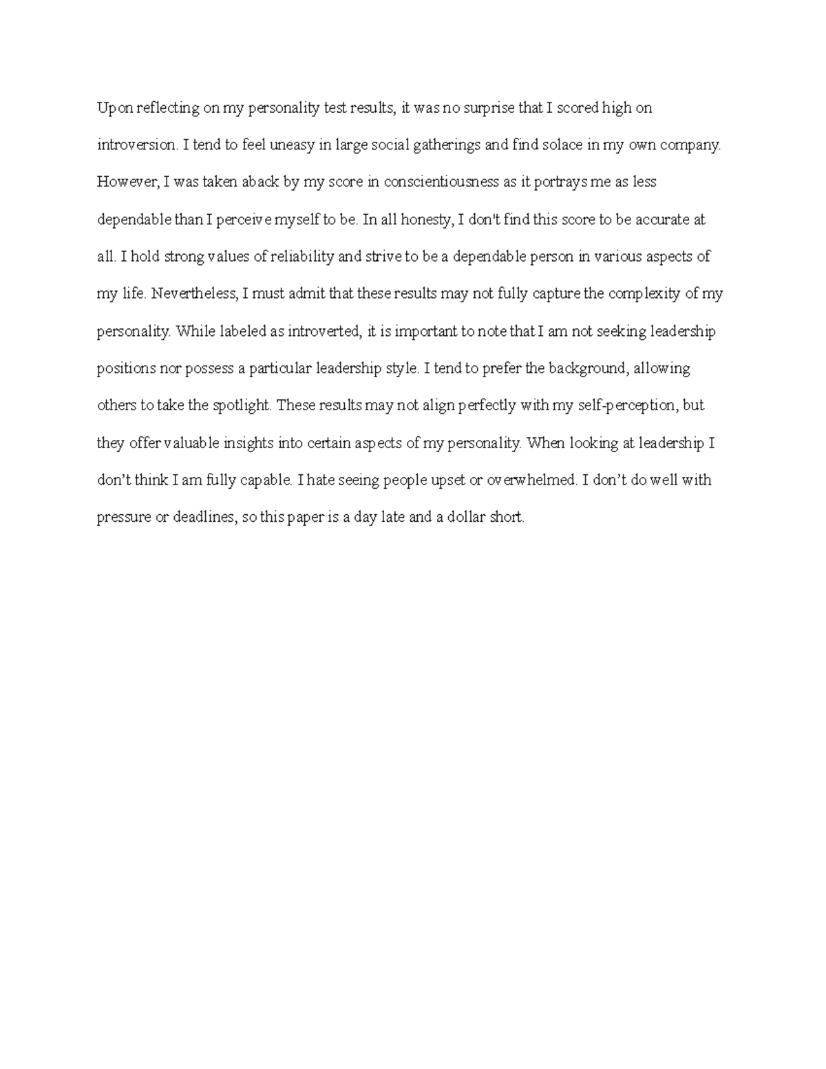 BUS 210 Module One Journal - Upon reflecting on my personality test ...