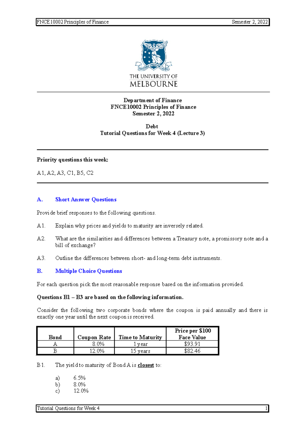 Tutorial 3 (with solutions) - Department of Finance FNCE10002 ...