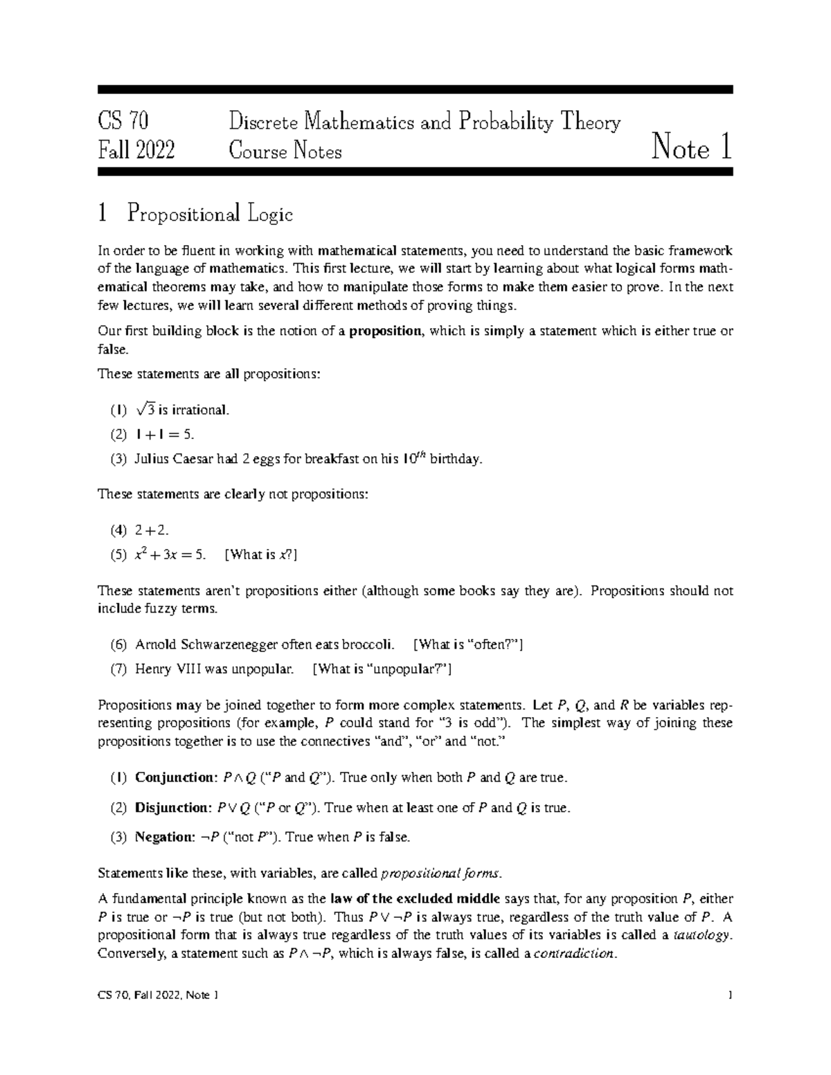 CS 70 Lecture 1 Notes - CS 70 Discrete Mathematics and Probability ...