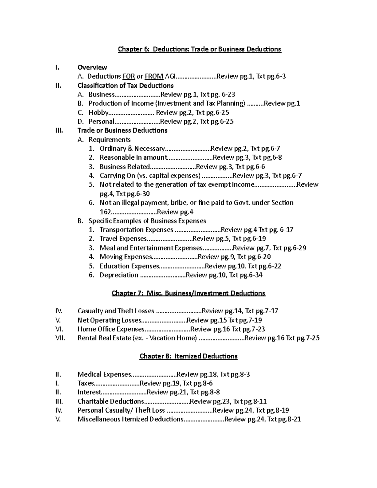 Exam 2 Table of Contents - Chapter 6: Deductions: Trade or Business ...