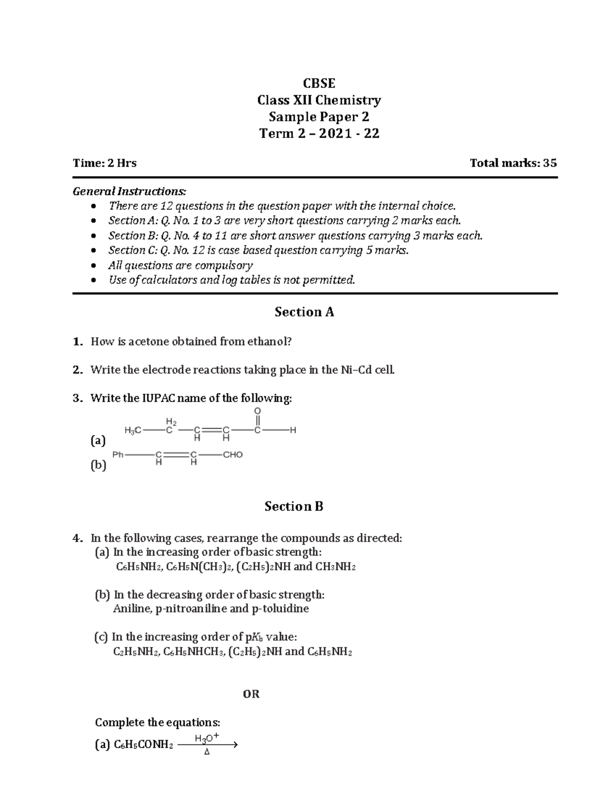 Chemistry (Term-2) 2022 Set - 2 - CBSE Class XII Chemistry There are 12 ...