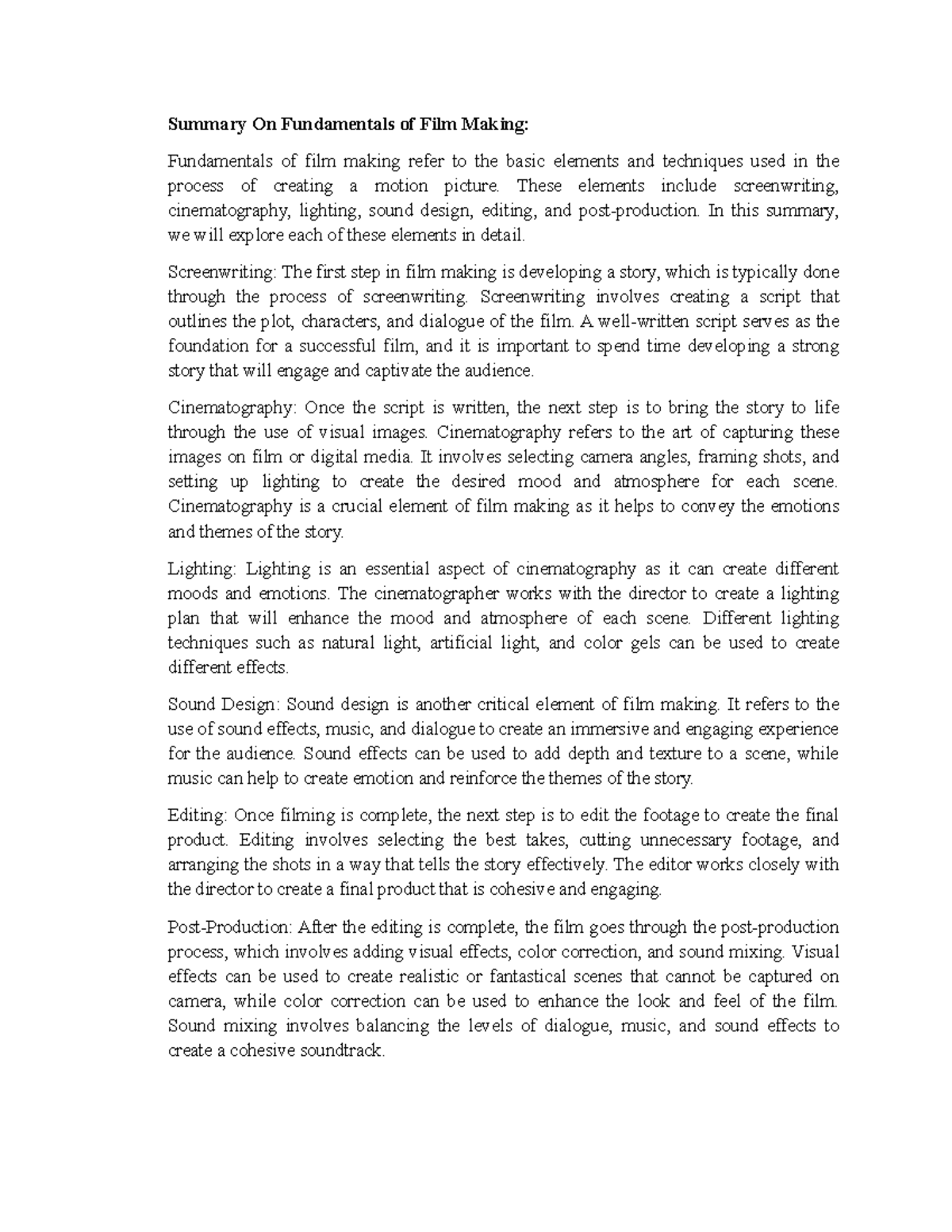 Summary On Fundamentals of Film Making - Summary On Fundamentals of Film Making: Fundamentals of ...