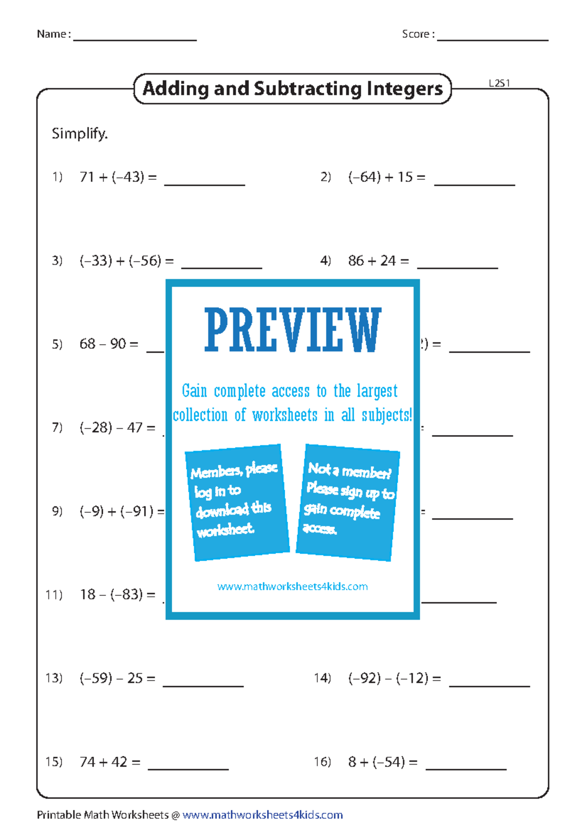 Add sub level 2 1 - 7) (–28) – 47 = 8) 53 – (–41) = 9) (–9) + (–91 ...
