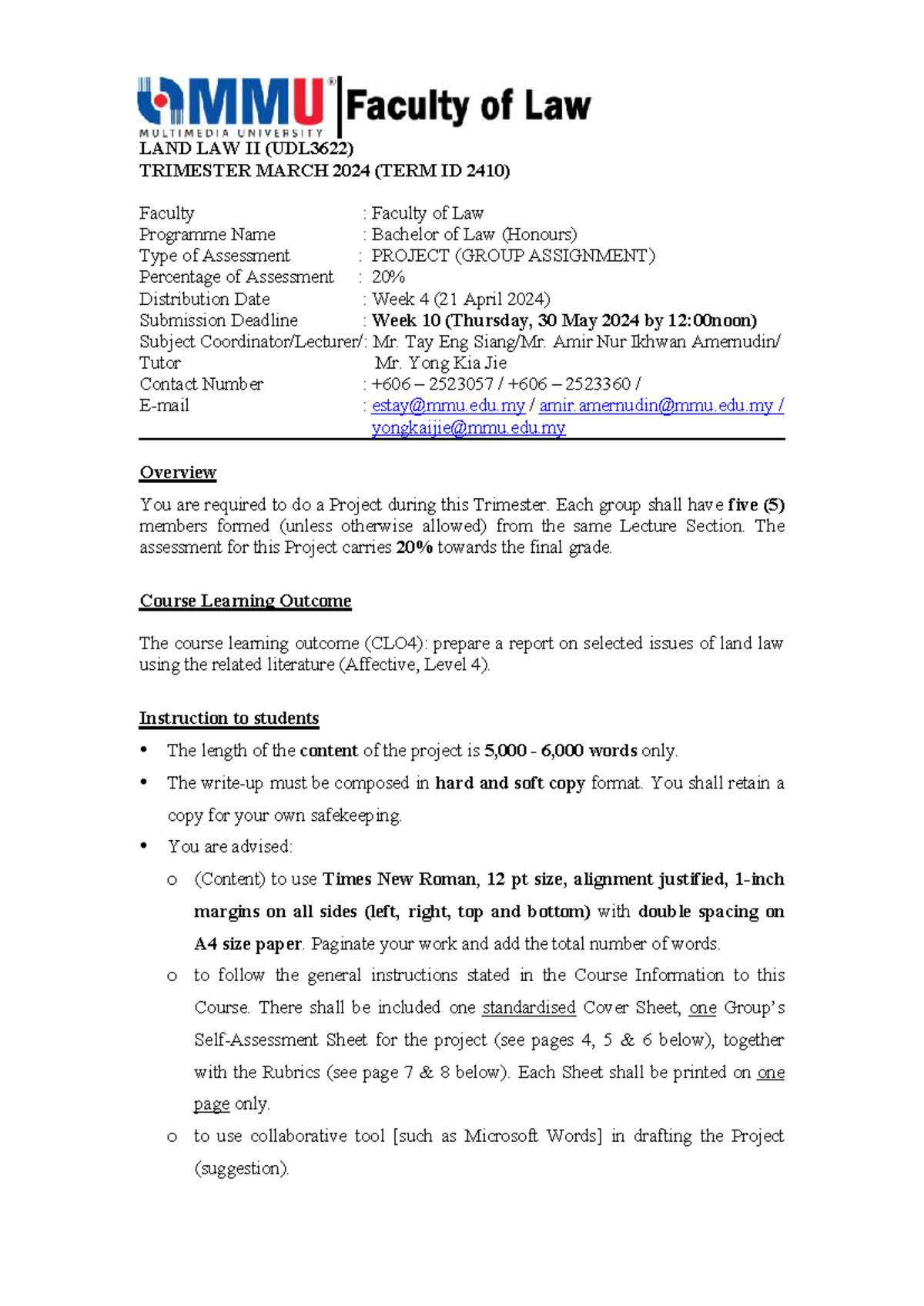 UDL3622 TRI 2410 Project Question AND Instructions v2 - LAND LAW II ...