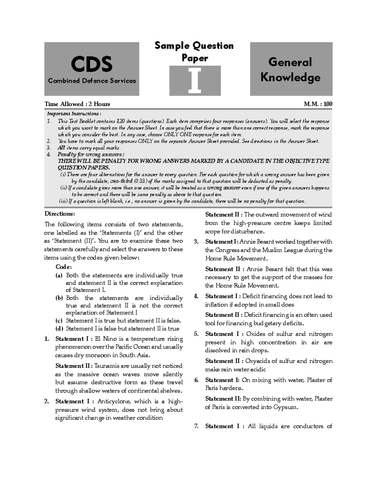 CDS GK SQP-1 - It's a cds previous year question paper. - CDS ####### Combined Defence Services ...