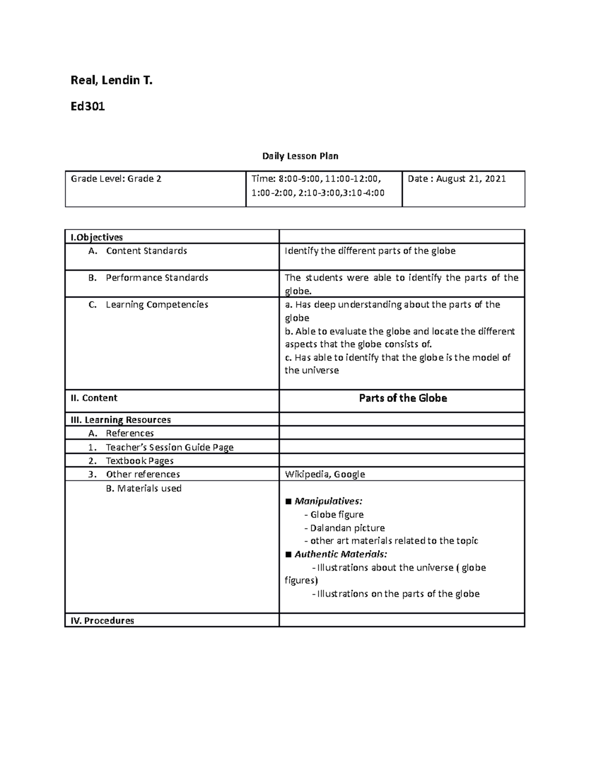 Daily Lesson PLAN ED301 - Real, Lendin T. Ed Daily Lesson Plan Grade ...