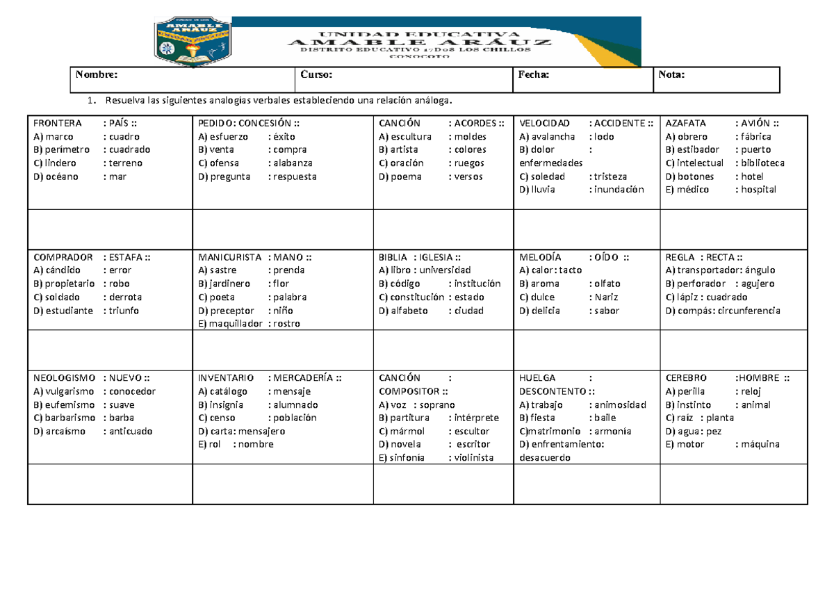 Analogias 2 - tarrea - Nombre: Curso: Fecha: Nota: 1. Resuelva las ...