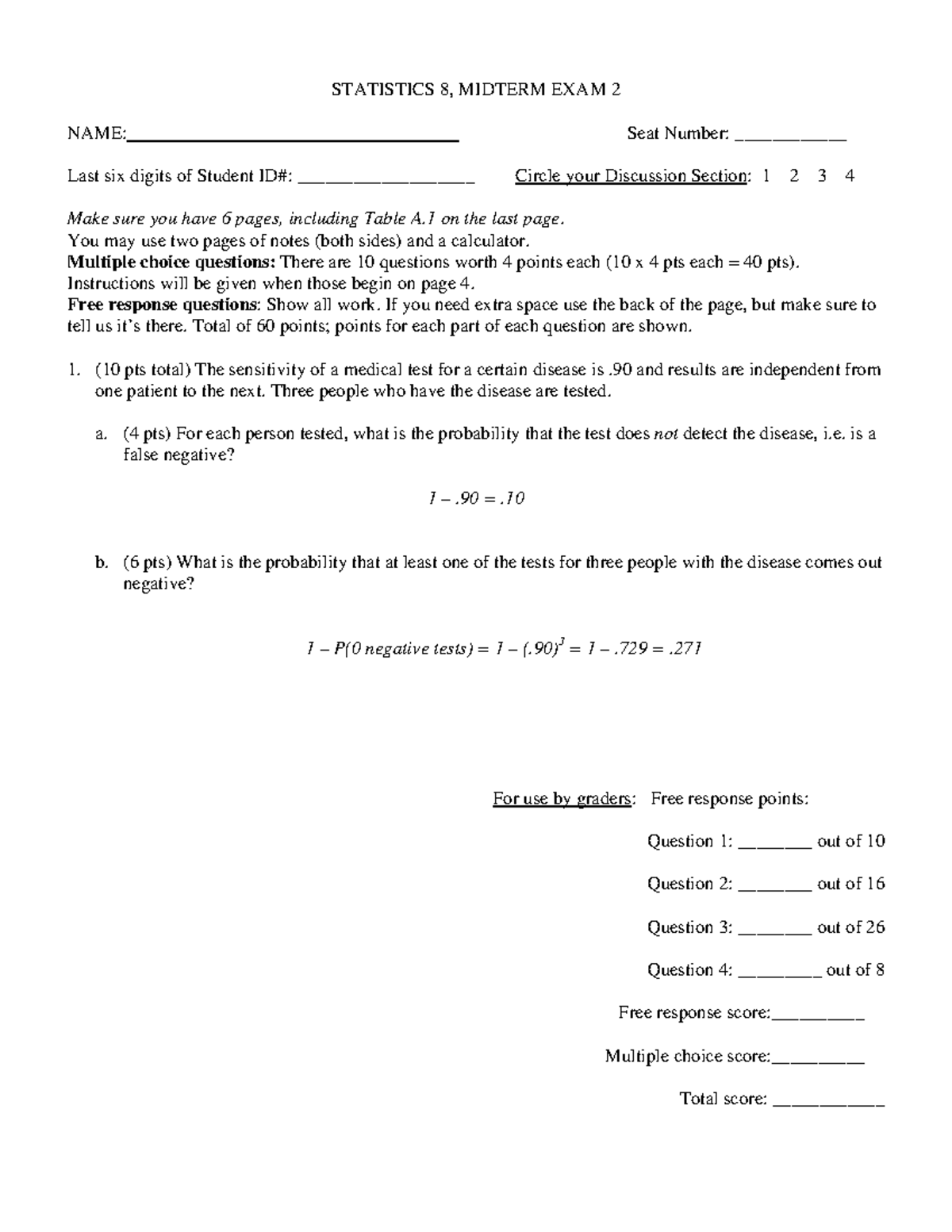 Midterm 2d Key - mock test - STATISTICS 8, MIDTERM EXAM 2 NAME: Seat ...