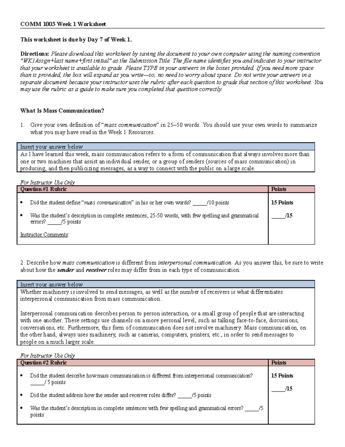WK. 1 Assignment Worksheet - COMM 1003 Week 1 Worksheet This worksheet ...