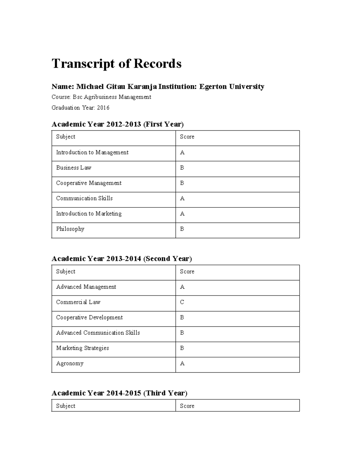 My AI Generated Document - Transcript of Records Name: Michael Gitau ...