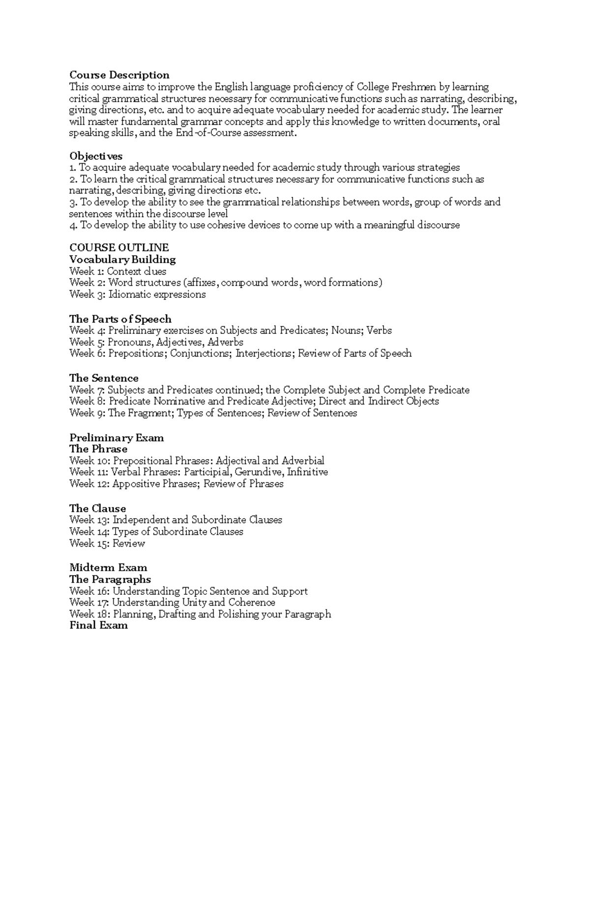 ENGL PLUS Course Description - Course Description This course aims to ...