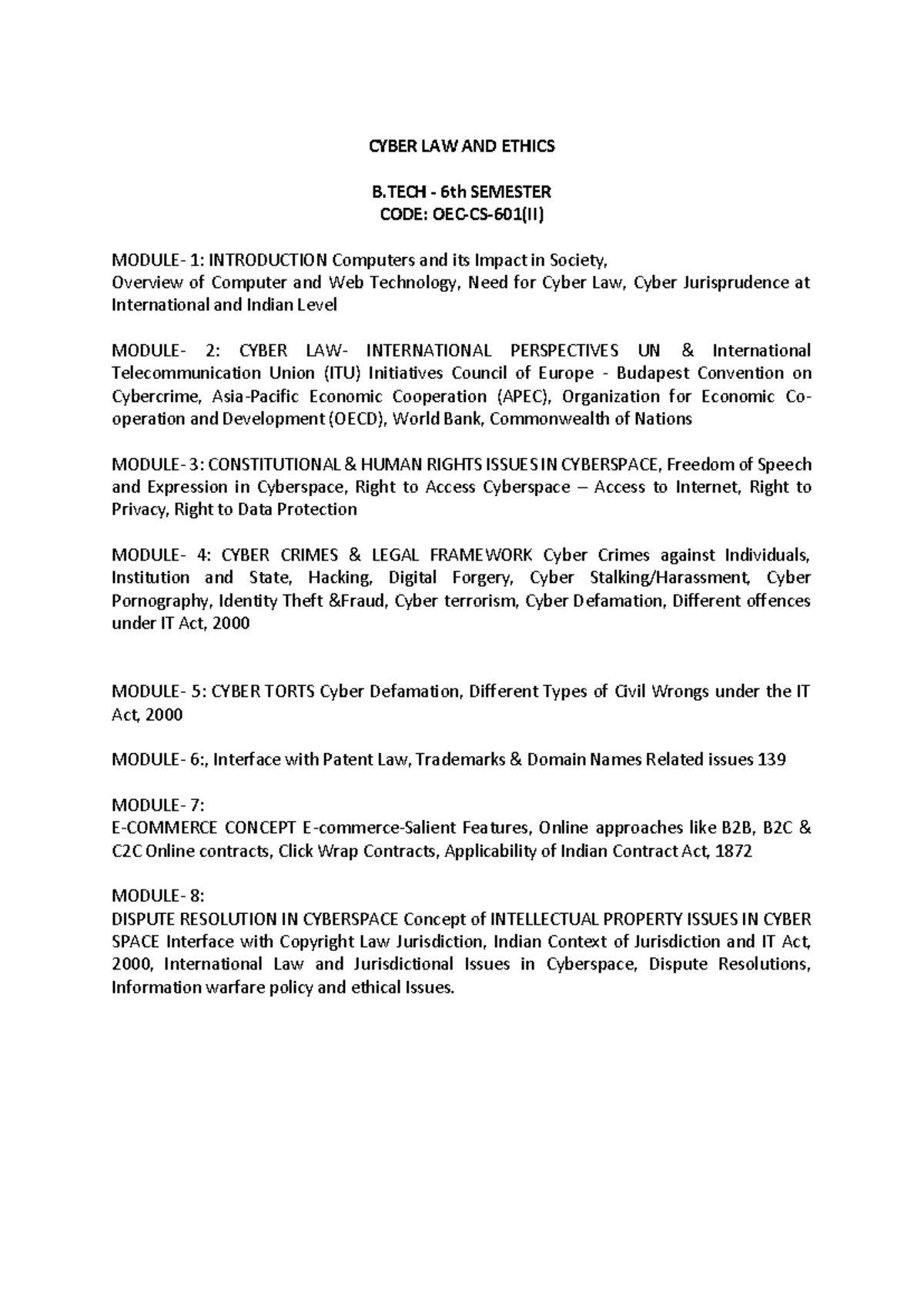 Cyber law (1-7 modules) - CYBER LAW AND ETHICS B - 6th SEMESTER CODE ...