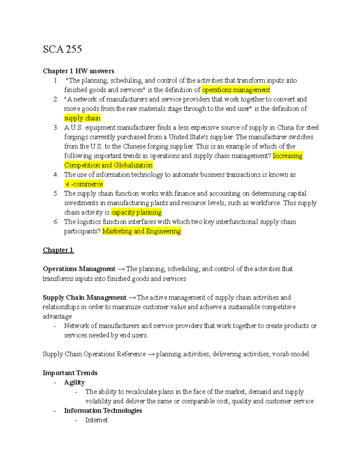 SCA 255 Notes - SCA 255 Chapter 1 HW answers 1. "The planning ...
