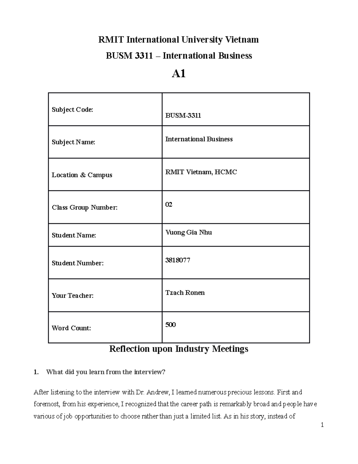 Assignment 1 - Individual Reflection - HD Paper - RMIT International ...