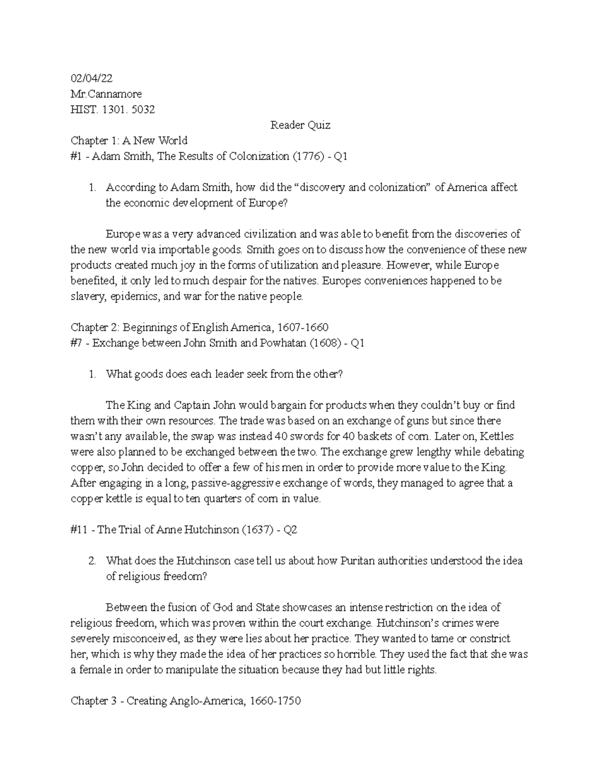 History 1301 Reader Quiz (Voices of Freedom) - 02/04/ Mr HIST. 1301. 5032 Reader Quiz Chapter 1 ...