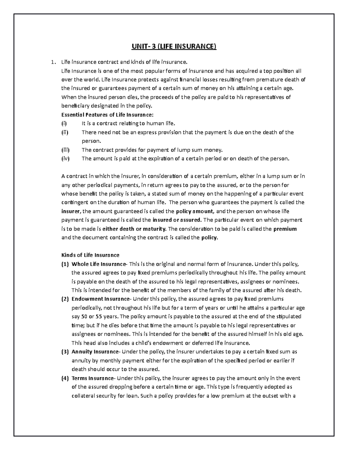 Notes on Life Insurance- Important Questions - UNIT- 3 (LIFE INSURANCE ...