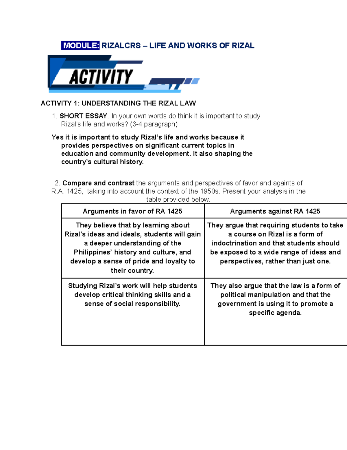 Activity 1 - hehe - MODULE: RIZALCRS – LIFE AND WORKS OF RIZAL ACTIVITY ...