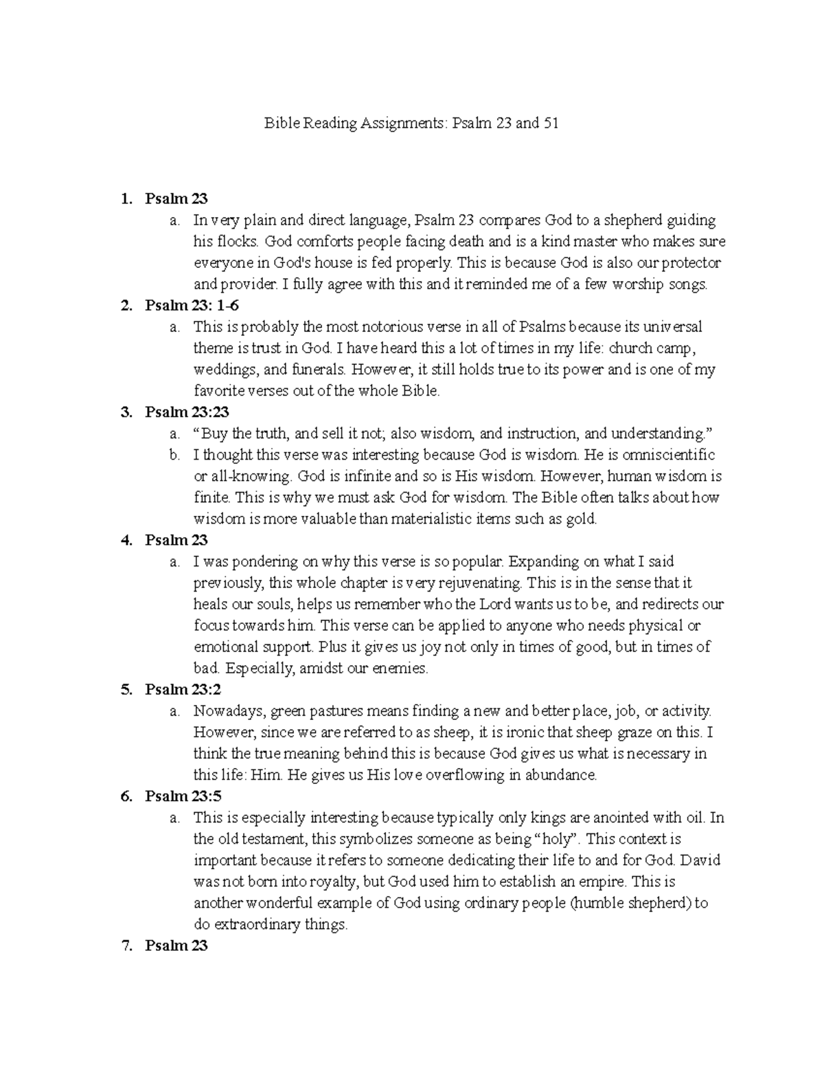 Bible Reading Assignments Psalm 23 and 51-2 - Psalm 23 a. In very plain ...