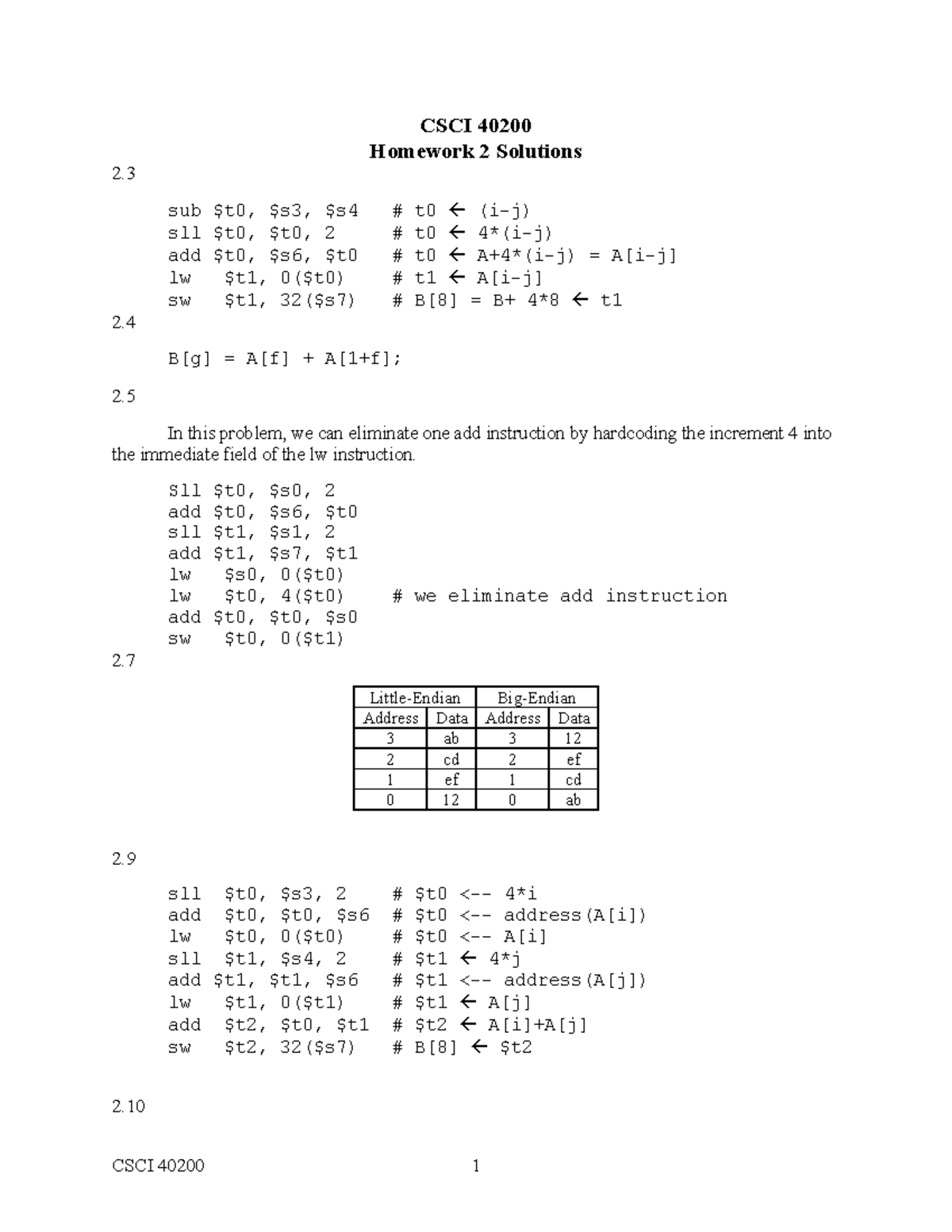 Homework 2 Solutions - CSCI 40200 1 CSCI 40200 Homework 2 Solutions 2. sub $t0, $s3, $s4 # t0 ...