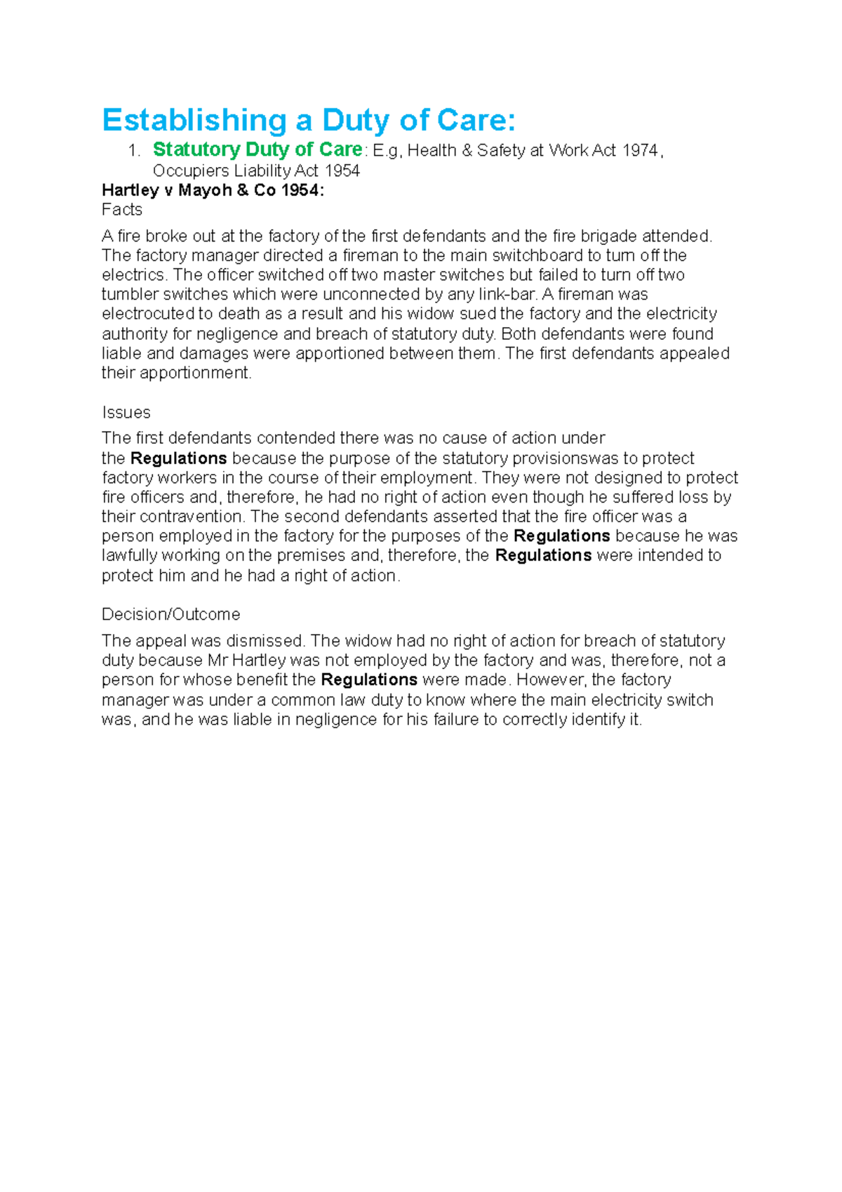 Establishing a Duty of Care - Statutory Duty of Care: E, Health ...