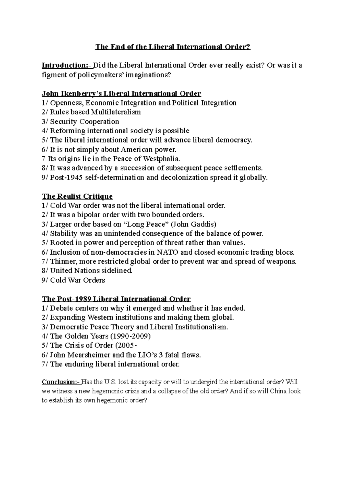 End of the Liberal International Order Handout - The End of the Liberal ...